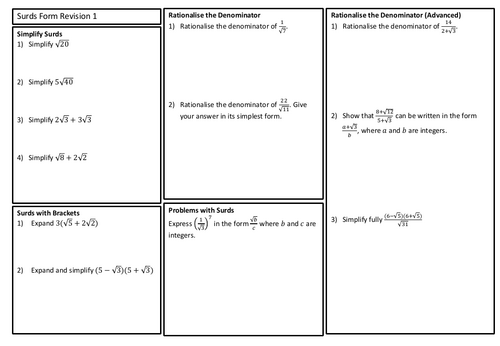 GCSE Higher Maths Revision Sheet - Surds | Teaching Resources