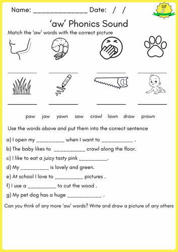'aw' Phonics Sound Worksheet Bundle [Set 3 RWI alligned] | Teaching ...