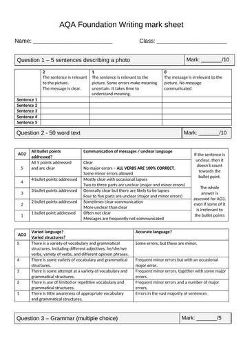 AQA new GCSE Writing mark sheet Foundation - Student and Teacher ...