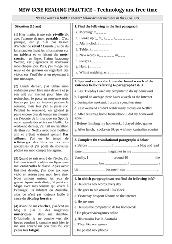 NEW GCSE READING PRACTICE – Technology and free time | Teaching Resources
