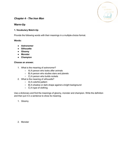 The Iron Man - Ted Hughes Chapters 1-5 Comprehension/VIPER activity ...