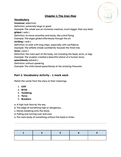 The Iron Man - Ted Hughes Chapters 1-5 Comprehension/VIPER activity ...