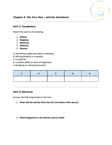 The Iron Man - Ted Hughes Chapters 1-5 Comprehension/VIPER activity ...