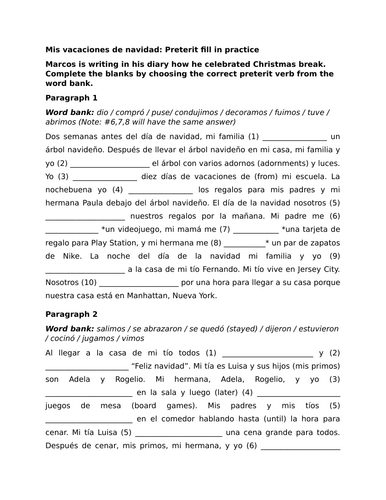 Mis vacaciones de navidad: Preterit fill in practice | Teaching Resources