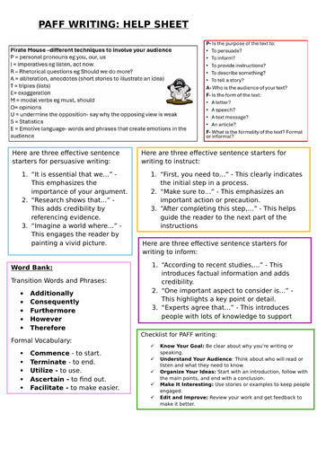 KS3 PAF Writing Help Sheet | Teaching Resources