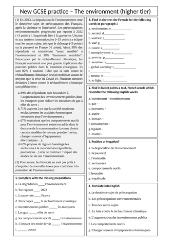 New French GCSE reading practice – The environment (higher tier ...