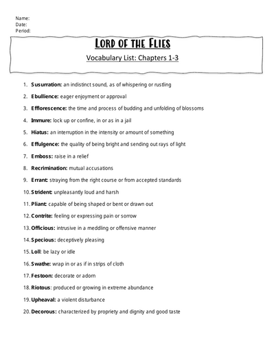 Lord of the Flies: Vocabulary Lists and Quizzes | Teaching Resources
