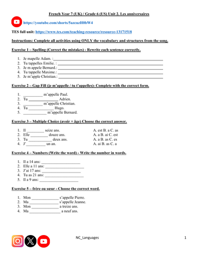 02. FRENCH Year 7. Unit 2: Les anniversaires ! | Teaching Resources