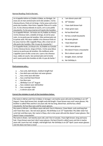 03. French Year 7. Unit 3: Description physique (les yeux et les ...