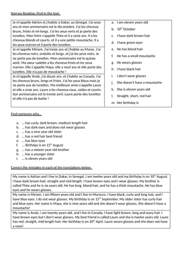 03. French Year 7. Unit 3: Description physique (les yeux et les ...