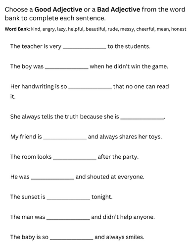 good and bad adjectives worksheet - positive and negative adjectives ...