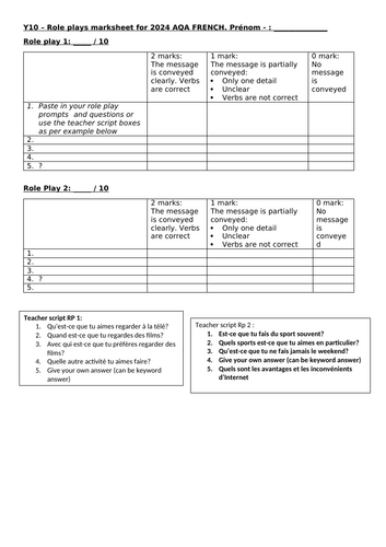 French 2024 AQA GCSE Speaking marksheets for role play, photocard ...