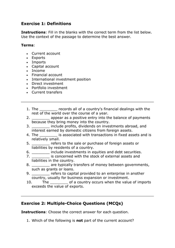 Balance of Payments Exam Style Exercises (A-Level Economics Edexcel ...