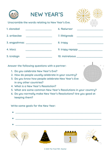 New Year's Eve Word Unscramble, Conversation Questions and Resolutions ...