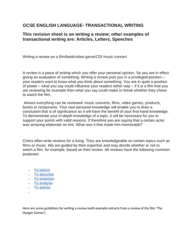 GCSE ENGLISH LITERATURE: how to write an A* review (transactional ...