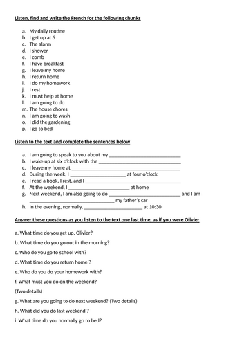 Year 9 Unit 3 - GCSE FRENCH: Ma routine journalière | Teaching Resources