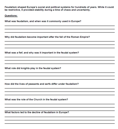Medieval Feudalism Worksheet Packet (39 Total) | Teaching Resources