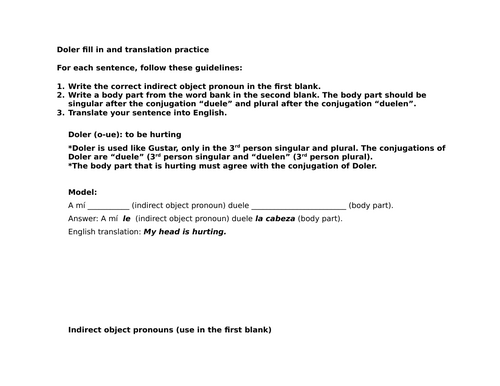 Doler fill in and translation practice | Teaching Resources