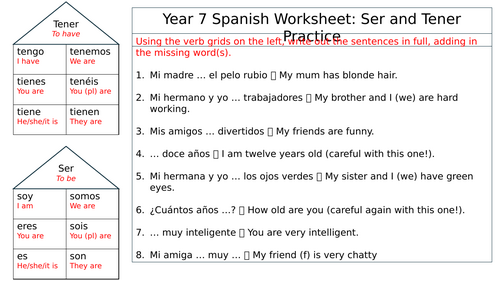 Year 7 Spanish: Tener and Ser Recap | Teaching Resources