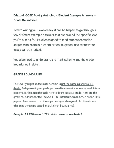 Edexcel IGCSE Poetry: Student Answers, Mark Scheme + Grade Boundaries ...