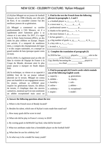 NEW GCSE FRENCH READING PRACTICE - Celebrity culture | Teaching Resources