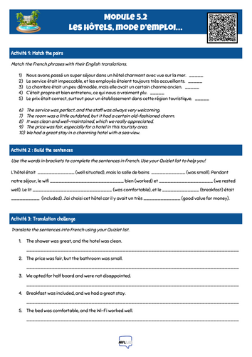 IGCSE Studio French Module 5.2 Les hôtels, mode d’emploi - WORKSHEET ...