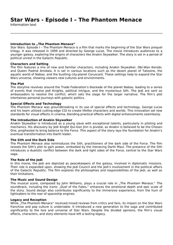 The Movie "Star Wars - Episode I - The Phantom Menace" | Teaching Resources