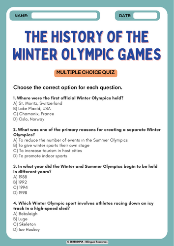 History of the Winter Olympics || READING & WRITING ACTIVITIES || No ...