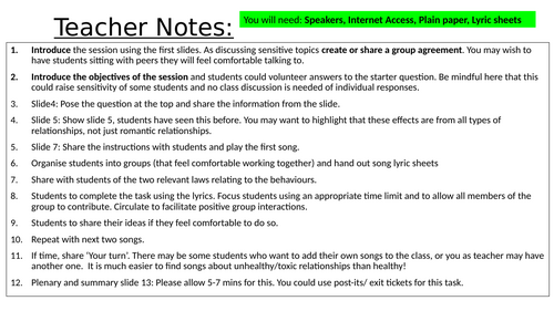 KS4 RSE Fun teacher lead presentation using song lyrics to identify ...