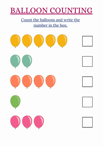BALLOONS COUNTING WORKSHEET (early years/kindergarten) | Teaching Resources
