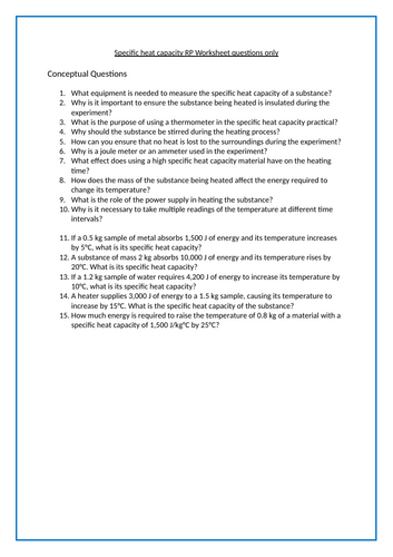 Specific heat capacity RP KS4 worksheet questions only | Teaching Resources