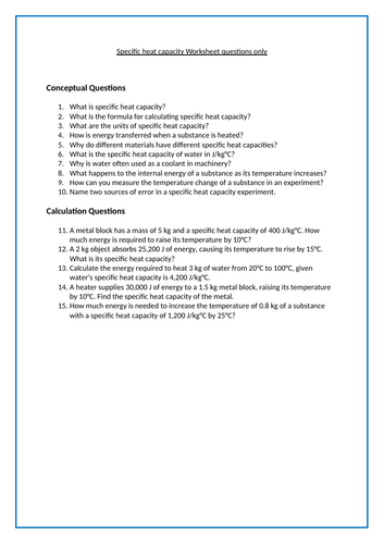 Specific heat capacity KS4 worksheet questions only | Teaching Resources