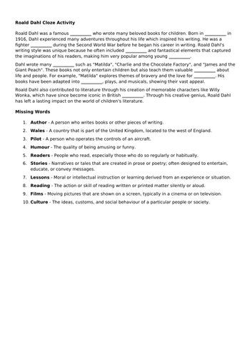 Roald Dahl - Cloze activity | Teaching Resources