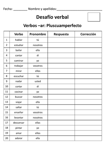 Spanish - Verb Challenge -Desafío verbal - Pluscuamperfecto (Past ...