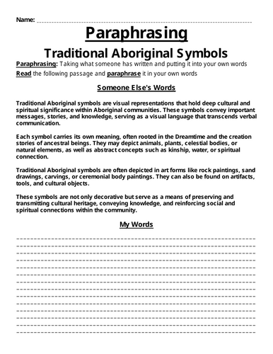 Traditional Aboriginal Symbols Paraphrasing Worksheet | Teaching Resources
