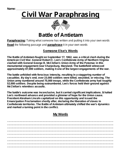 Battle of Antietam Paraphrasing Worksheet | Teaching Resources