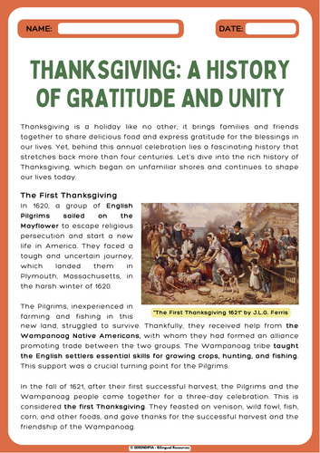 The History of Thanksgiving | READING + WRITING PROMPTS | Middle School ...