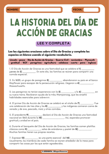 Thanksgiving History & Traditions SPANISH READING COMPREHENSION | Dia ...