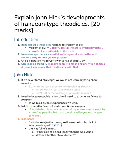 A-Level RS: Irenaean-Type Theodicy 20 Mark Essay + Model + Plan ...