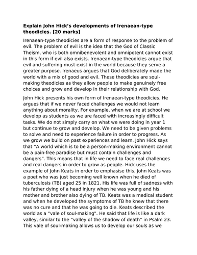 A-Level RS: Irenaean-Type Theodicy 20 Mark Essay + Model + Plan ...