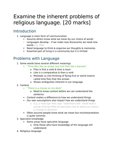 A-Level RS: Problems of Religious Language - 20 Mark Essay - Eduqas ...