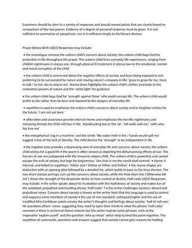 GCSE ENGLISH LITERATURE poetry analysis "Prayer Before Birth" and "Half ...