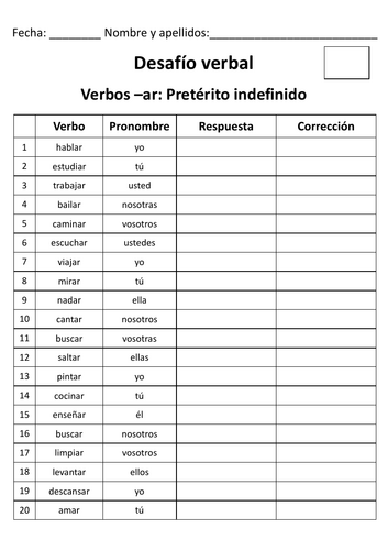 Spanish - Verb Challenge - Desafío verbal - Pretérito (Preterite ...