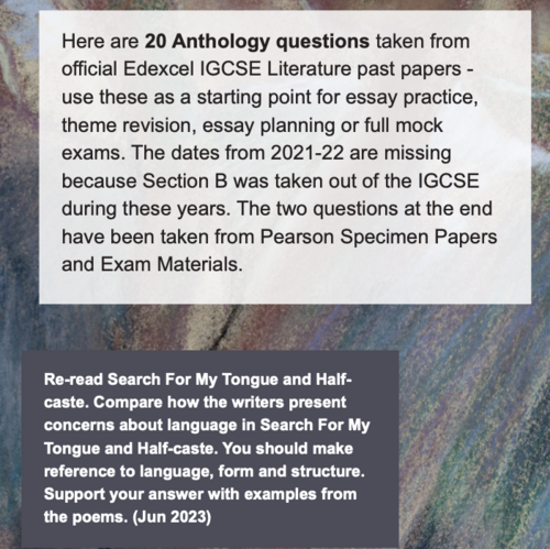 20 Official Essay Questions for Edexcel iGCSE Poetry | Teaching Resources