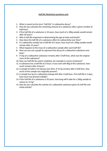 Half life KS4 worksheet questions only | Teaching Resources