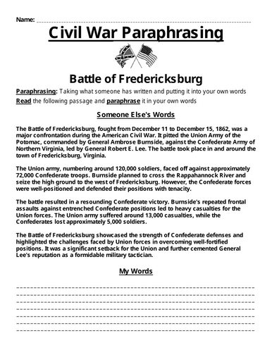 Battle of Fredericksburg Paraphrasing Worksheet | Teaching Resources