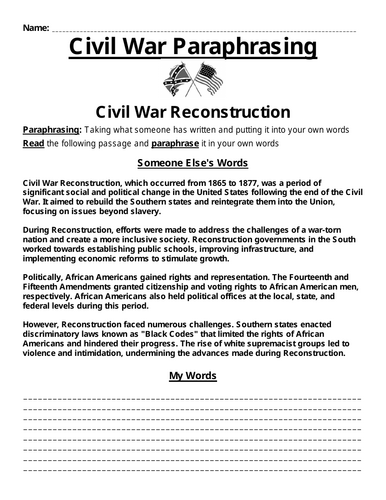 American Civil War Reconstruction Paraphrasing Worksheet | Teaching ...