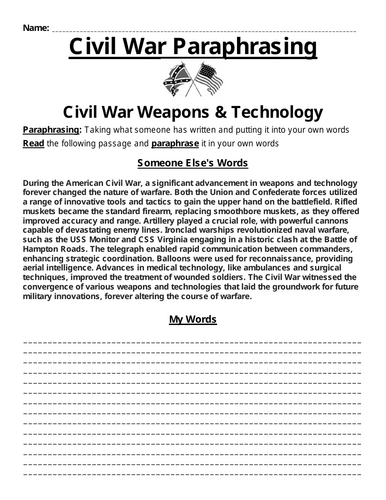 American Civil War Weapons & Technology Paraphrasing Worksheet ...