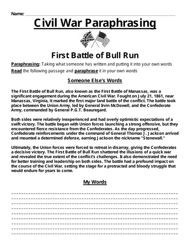 First Battle of Bull Run Paraphrasing Worksheet | Teaching Resources