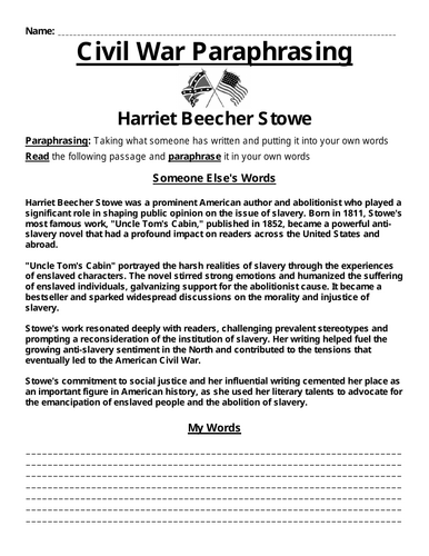 Harriet Beecher Stowe Paraphrasing Worksheet | Teaching Resources